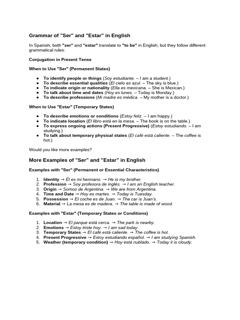 Grammar of - Ser - and - Estar - in English | PDF