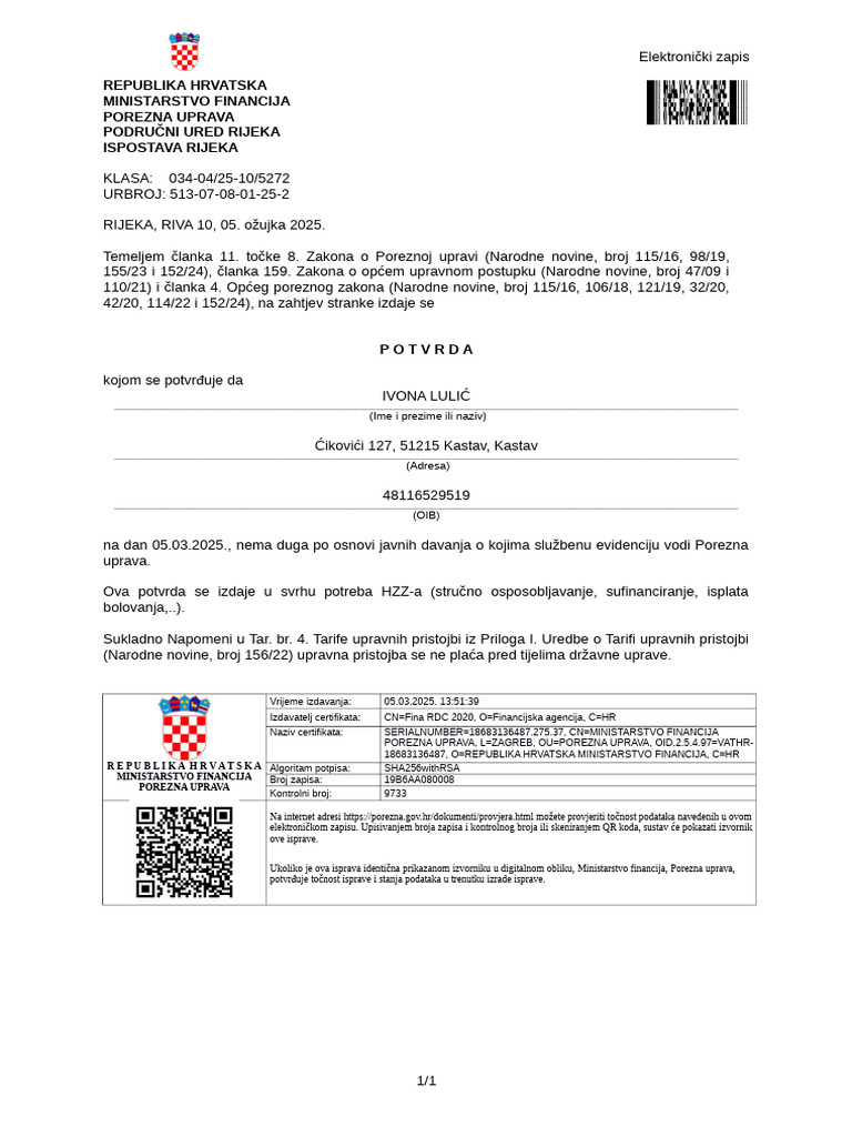 Potvrda o Stanju Duga PDF | PDF