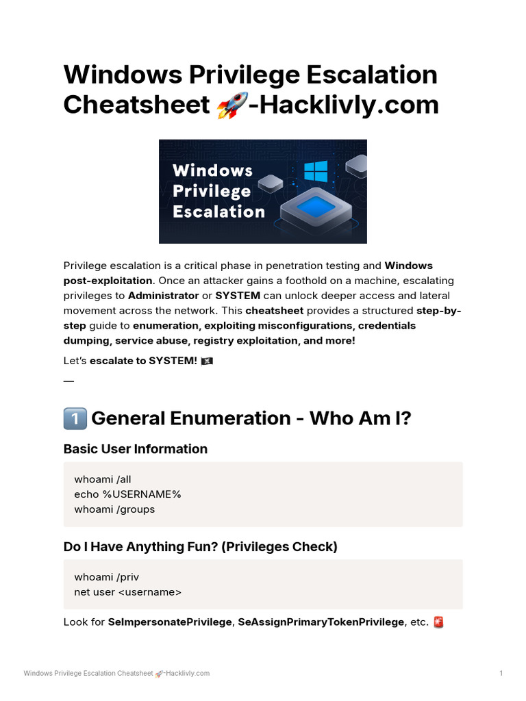 Windows Privilege Escalation Cheatsheet | PDF | Windows Registry | Computer Architecture
