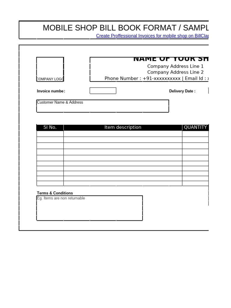 Mobile Shop Bill Book Format Guide | PDF