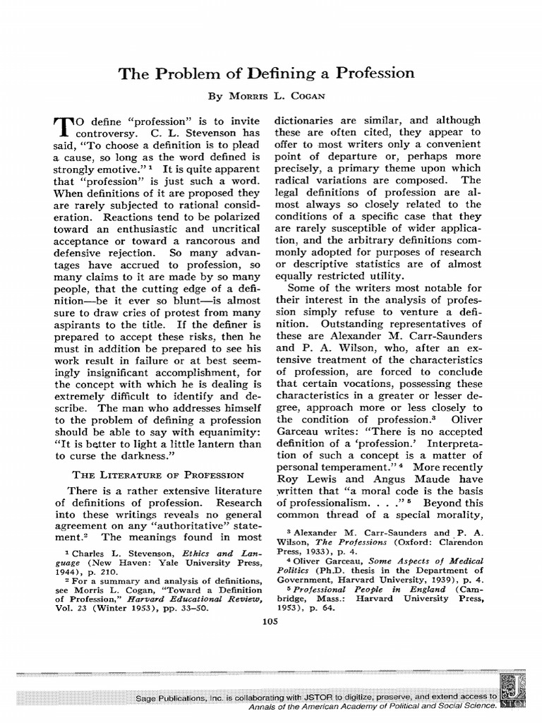Cogan 1955 The Problem of Defining A Profession | PDF | Profession | Definition