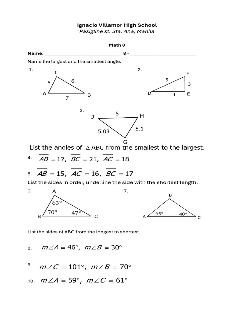Triangle Inequality Worksheet | PDF