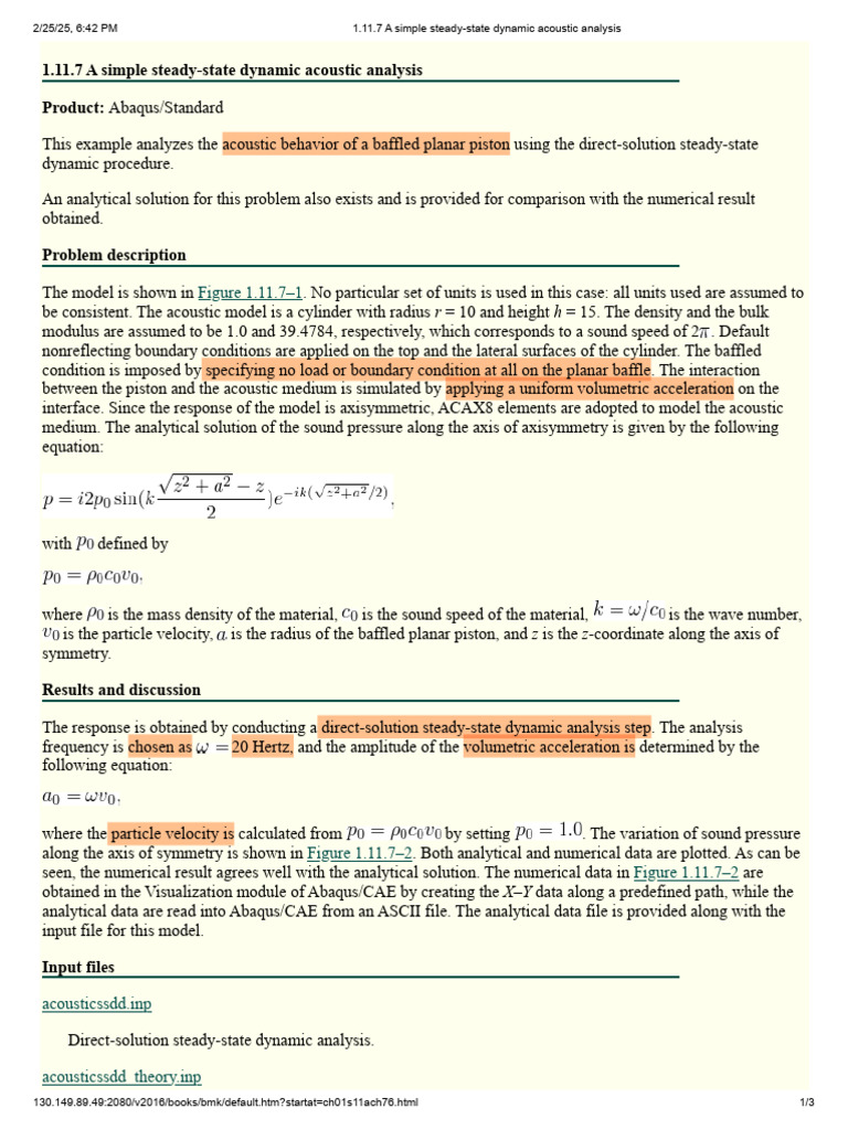 Abaqus Benchmarks Guide (2016) - Simple Baffle Piston | PDF | Waves | Classical Mechanics