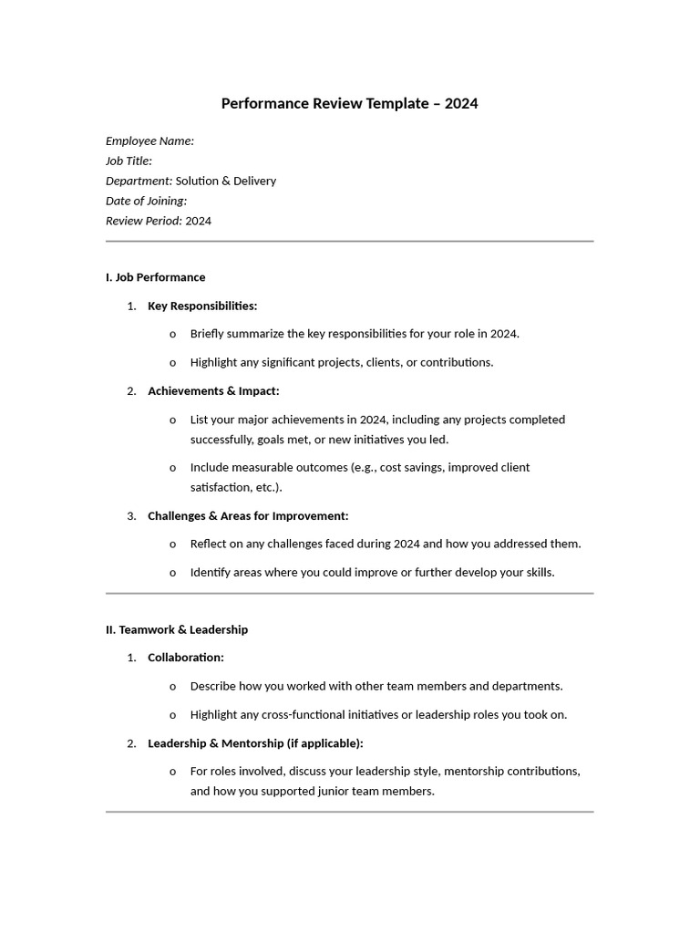 Solution & Delivery Team - Performance Review Template | PDF