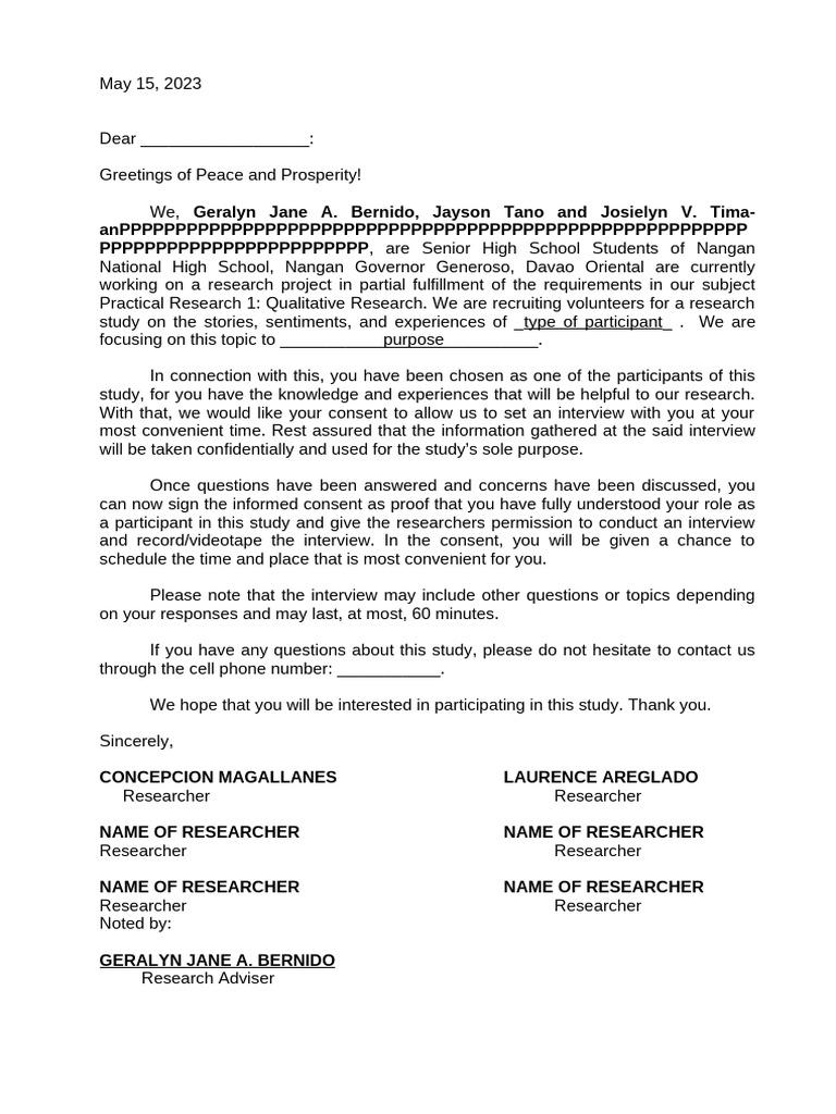 Cover Letter and Informed Consent For Participant | PDF