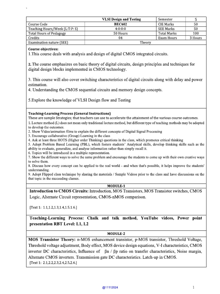 VLSI Theory and Lab Syllabus | PDF