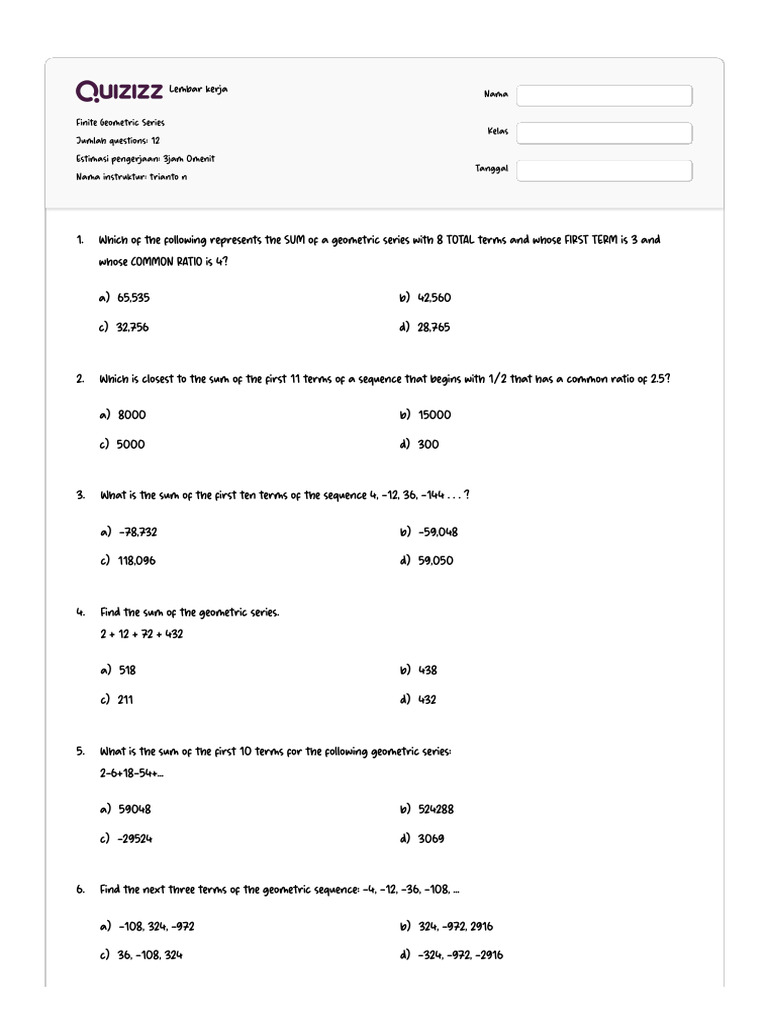 Finite Geometric Series - Quizizz | PDF | Mathematics | Mathematical ...