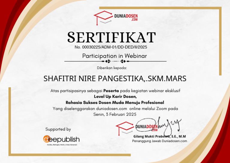 Sertifikat: Shafitri Nire Pangestika,.Skm - Mars | PDF