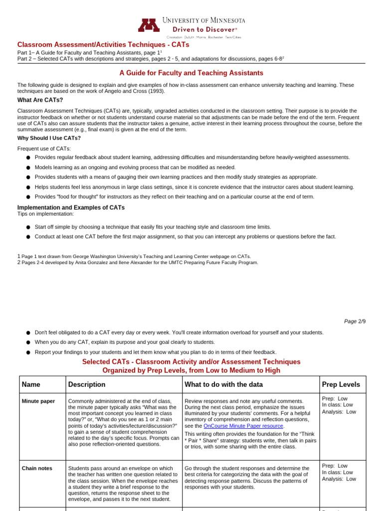 CEI Classroom Activities - Assessments Matrix | PDF