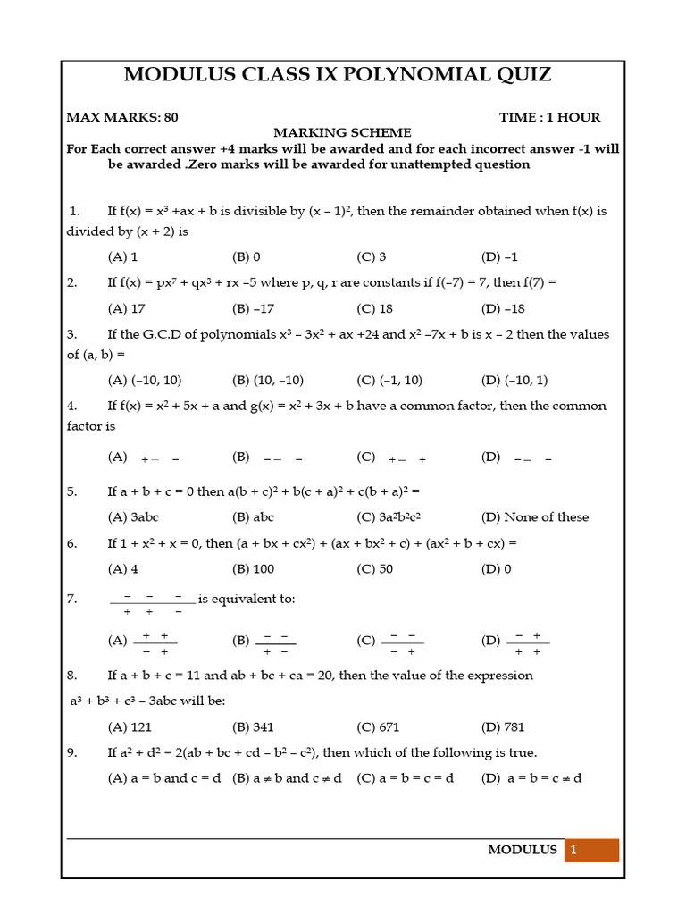 POLYNOMIAL QUIZ CLASS IX | PDF | Algebra | Applied Mathematics