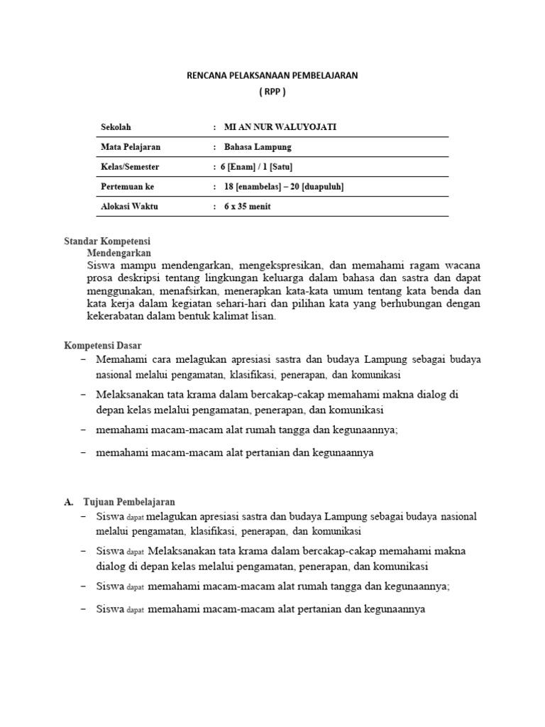 RPP Bhs. Lampung Kelas 6 SMT 1 | PDF