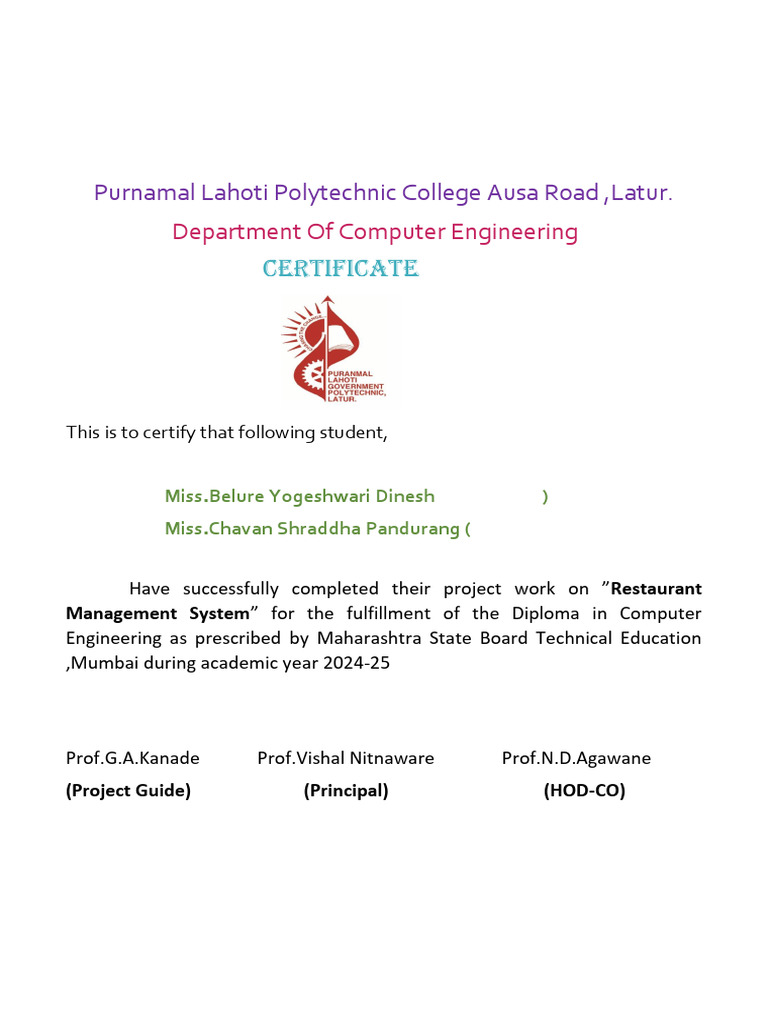 Purnamal Lahoti Polytechnic College Ausa Road, Latur.: Department of Computer Engineering | PDF