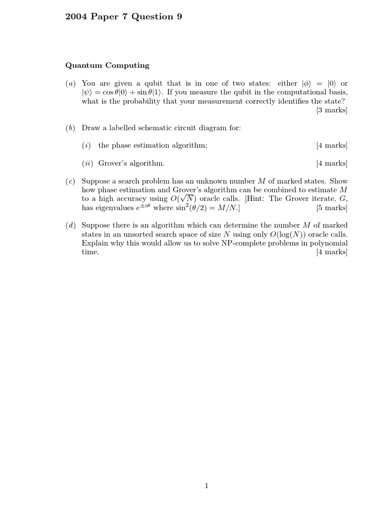 2004 Paper 7 Question 9: Quantum Computing | PDF