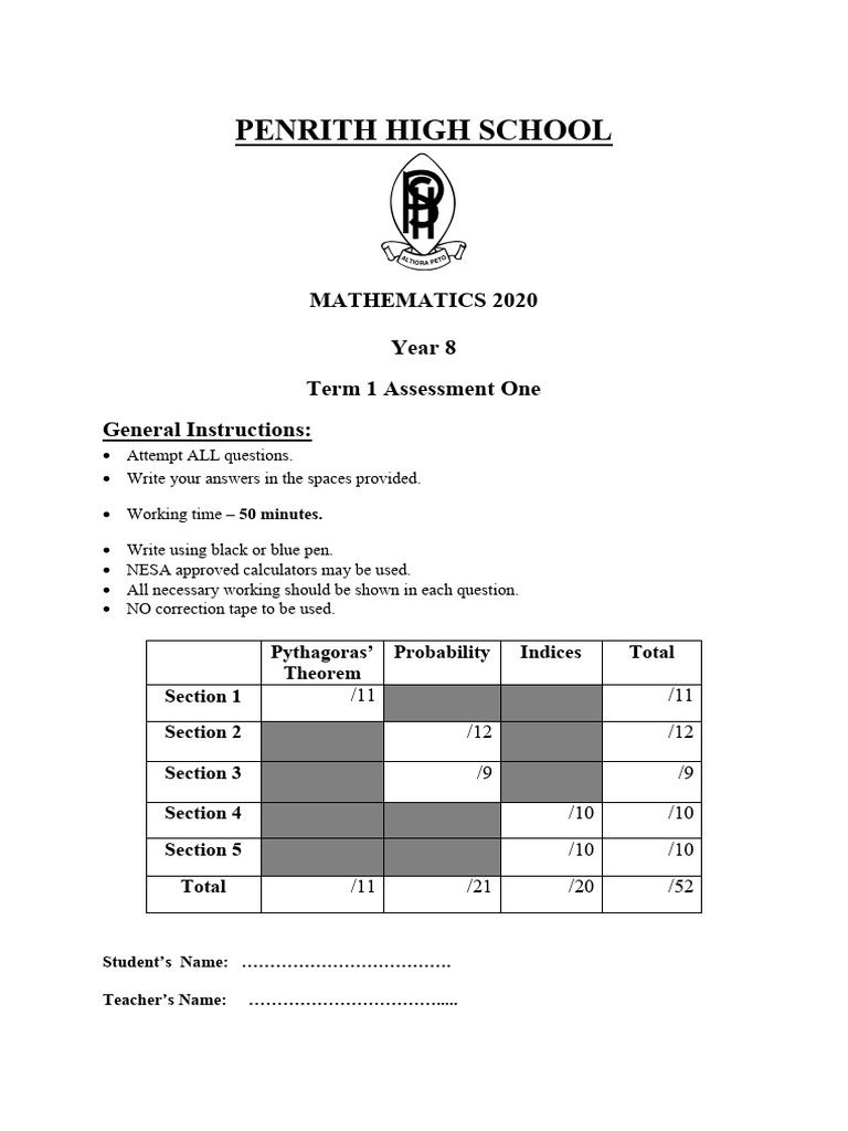 Year 8 Maths Assessment 2020 | PDF | Mathematics