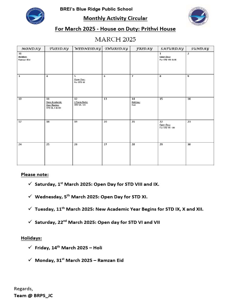Monthly Activity Circular March 2025 - STD VI To XII | PDF