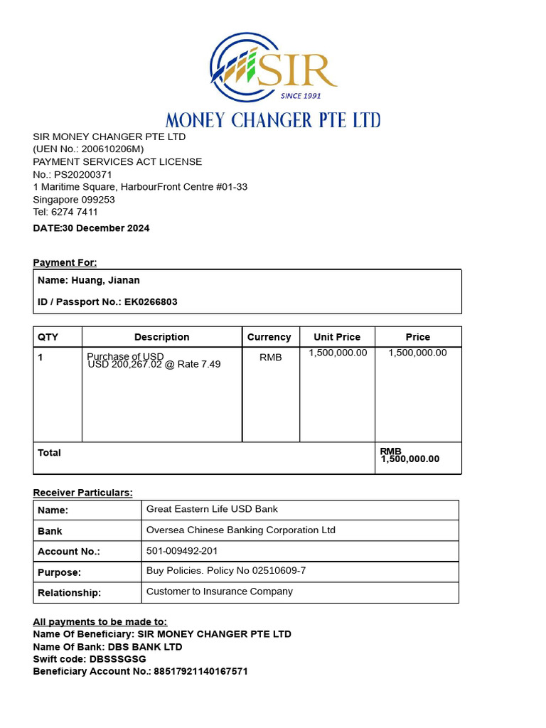 Payment Receipt for Currency Exchange | PDF
