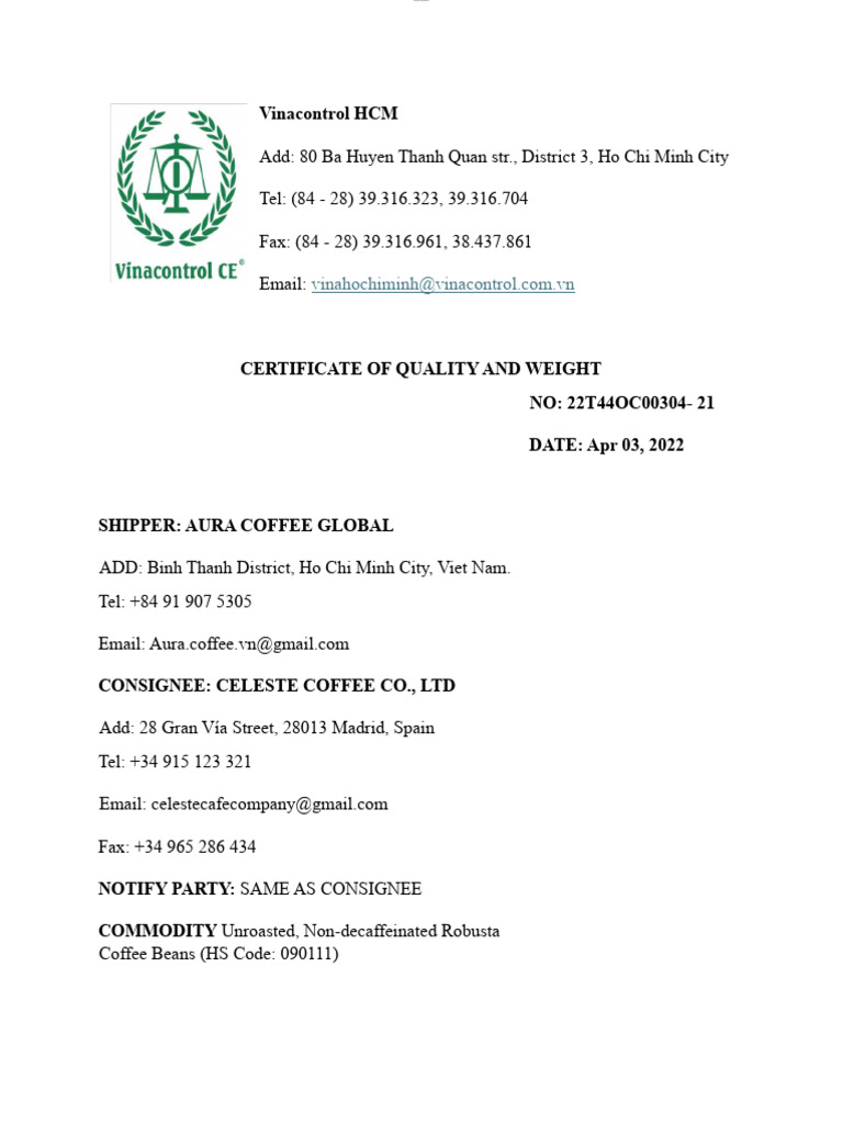 Certificate of Quantity and Weight | PDF