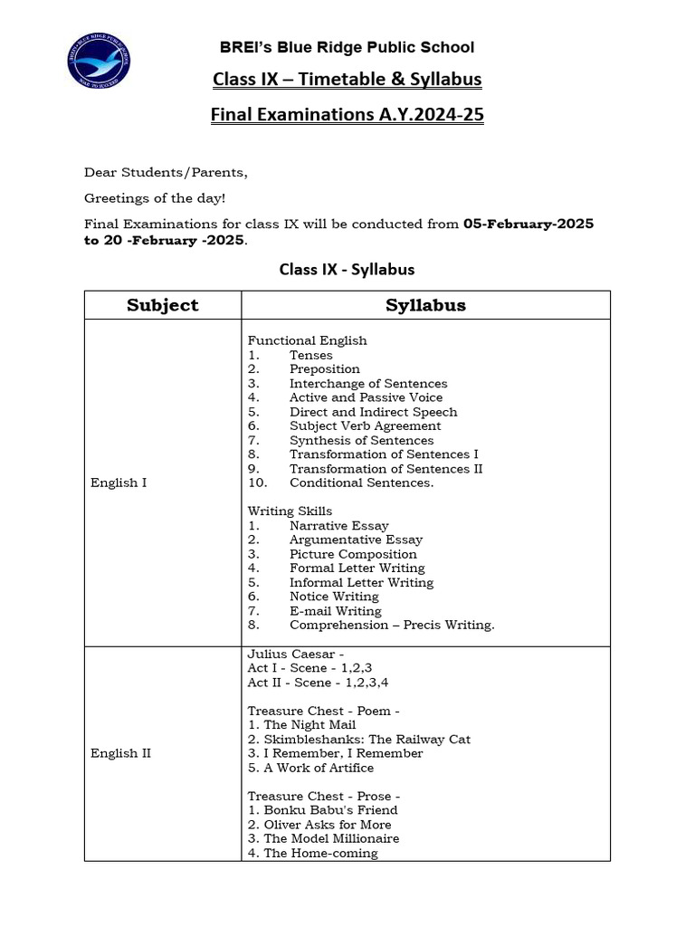 Class IX - Timetable and Syllabus Final Exam | PDF | Area | Chemical ...