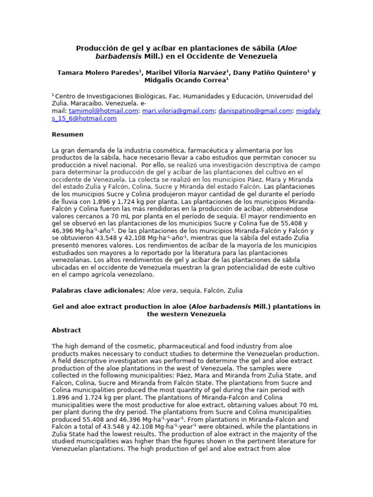Producción de Gel y Acíbar en Plantaciones de Sábila P.I.L. | PDF ...