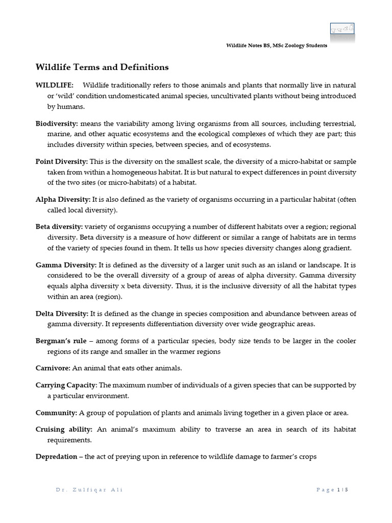 Wildlife Terms and Definitions BS 2020 | PDF | Biodiversity | Wildlife