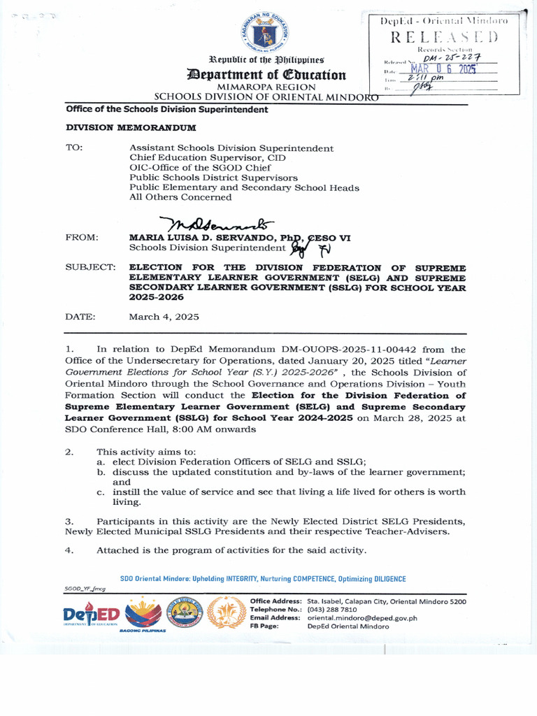 DM Election For The Division Federation of Supreme Elementary Learner ...