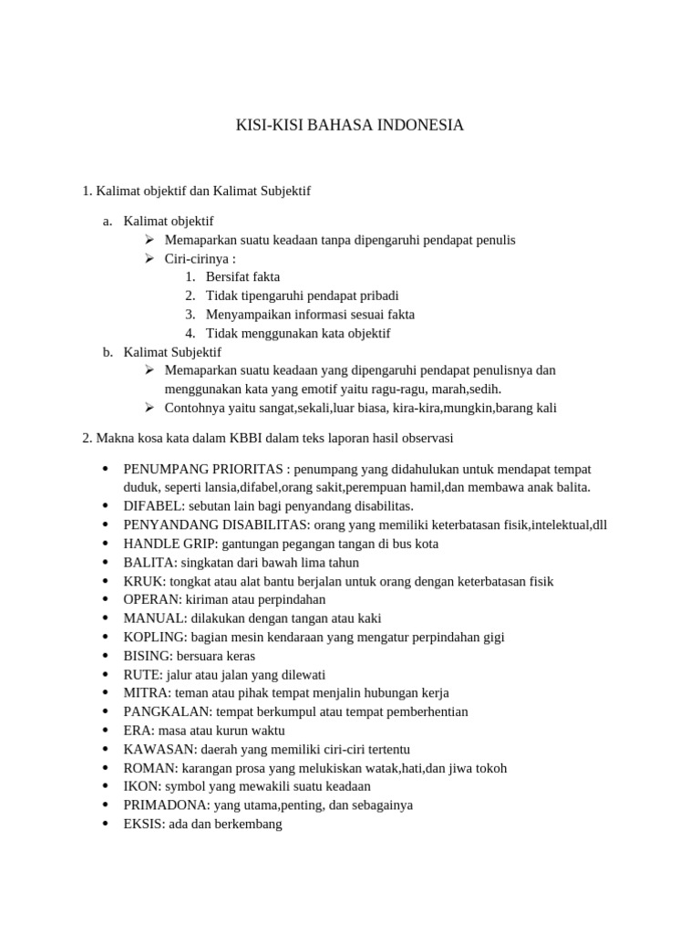 Kisi Kisi Bahasa Indonesia | PDF