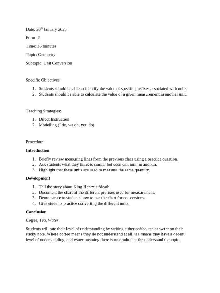 Lesson Plan - Unit Conversions | PDF