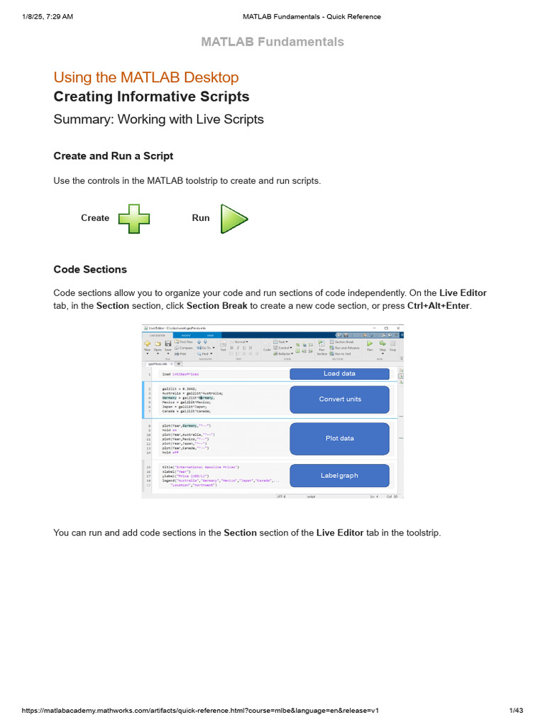 MATLAB Fundamentals Quick Reference | PDF | Matrix (Mathematics) | Matlab