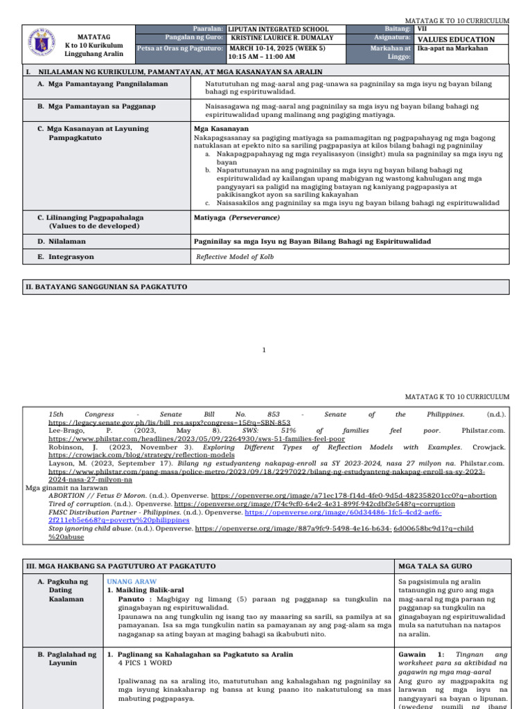 DLL Matatag - Values Education 7 q4 w5 | PDF