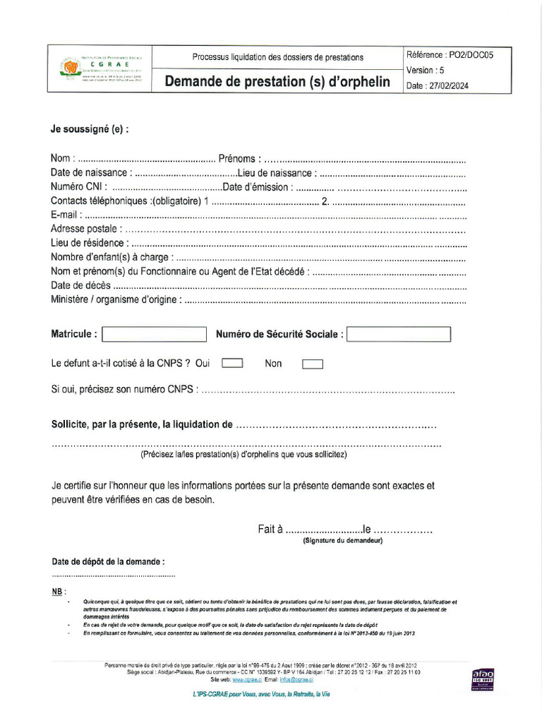Fiche de Demande de Pension Temporaire Orphelin | PDF