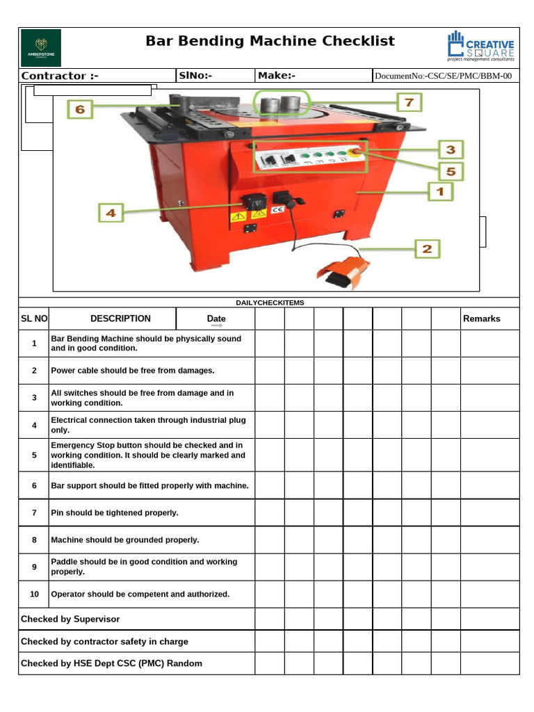 Bar Bending Machine Check List | PDF