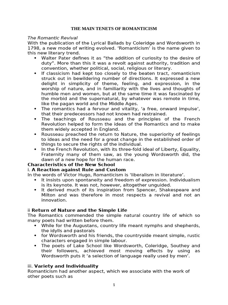 The Main Tenets of Romanticism | PDF | Samuel Taylor Coleridge | Poetry