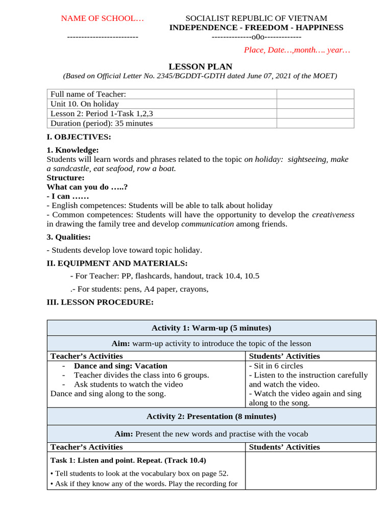Holiday Lesson Plan for Students | PDF | Learning | Human Communication