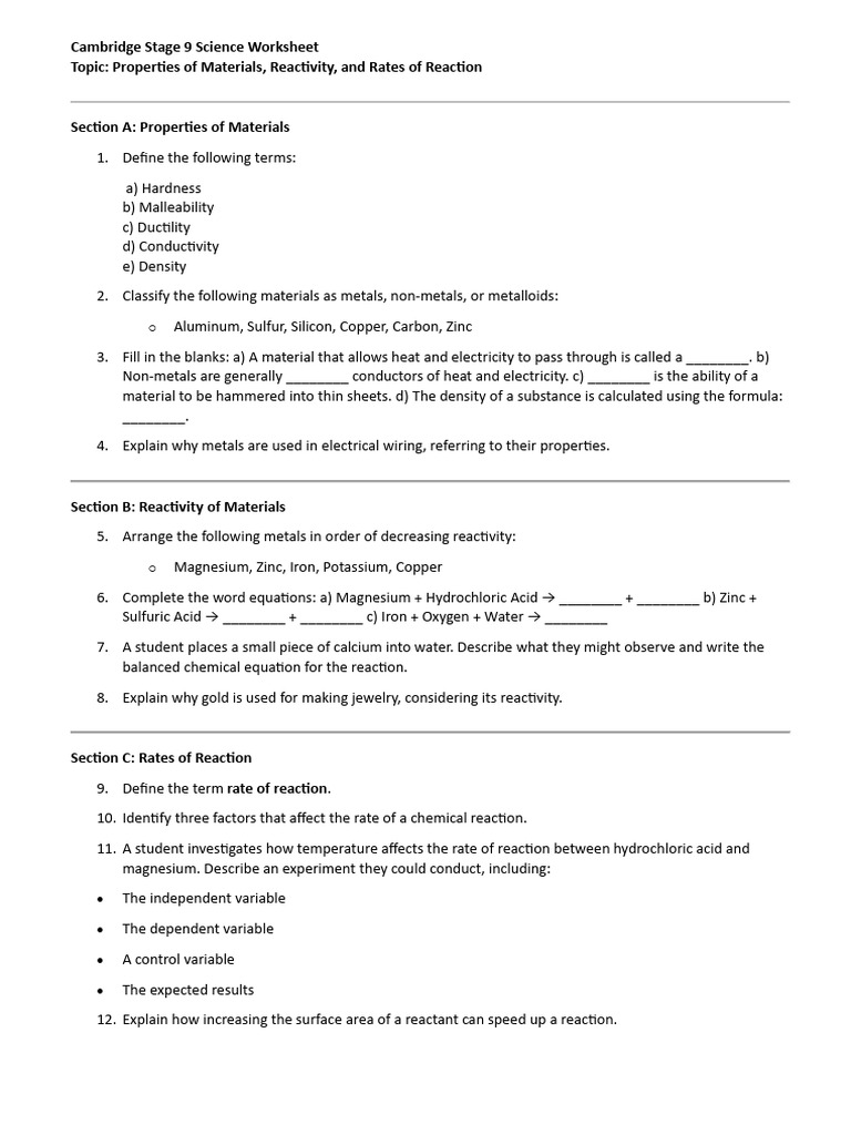 Science Revision Worksheet 2 - Chemistry | PDF | Chemical Reactions ...