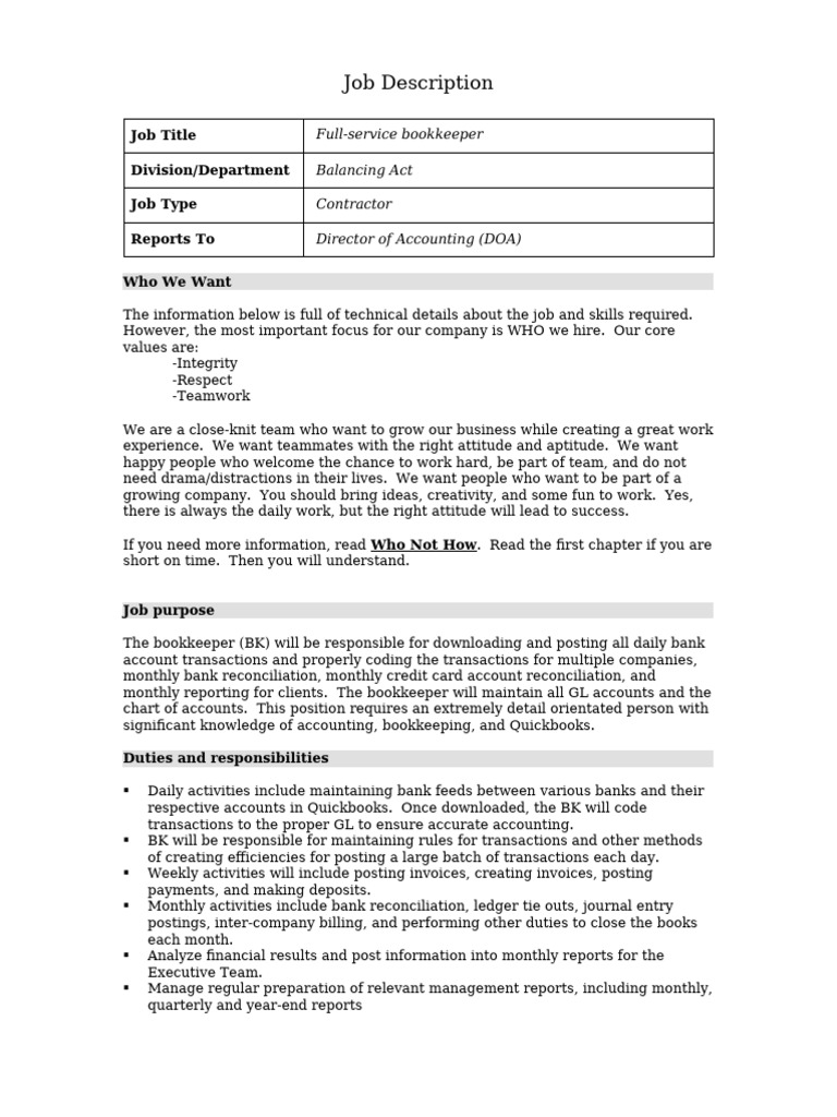 Full-Service Bookkeeper Job Overview | PDF | Bookkeeping | Banks