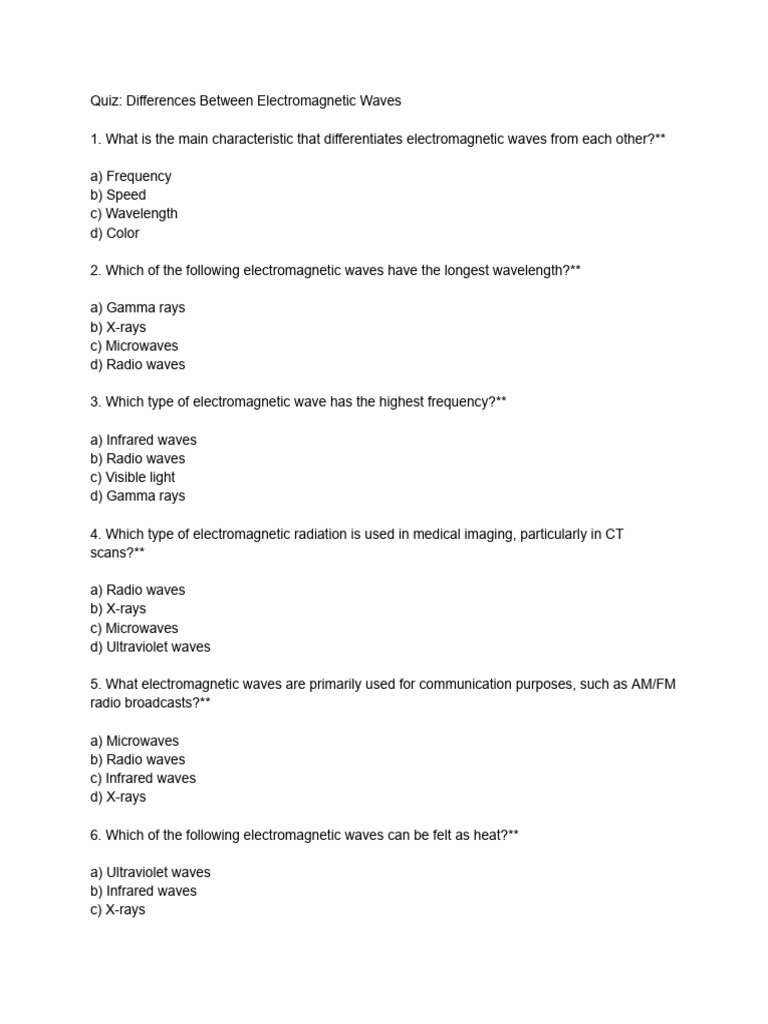 Electromagnetic Waves - Practice Quiz | PDF | Electromagnetic Radiation ...