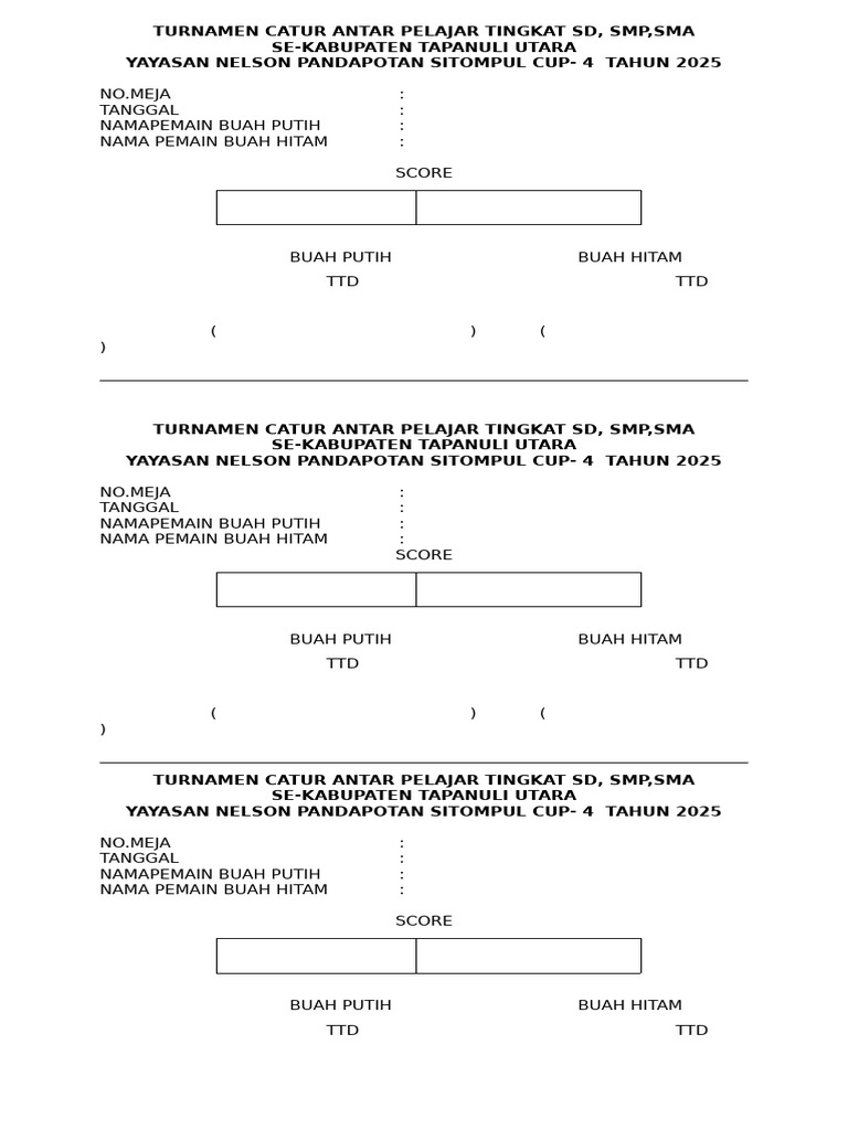 Turnamen Catur Pelajar Tapanuli Utara 2025 | PDF