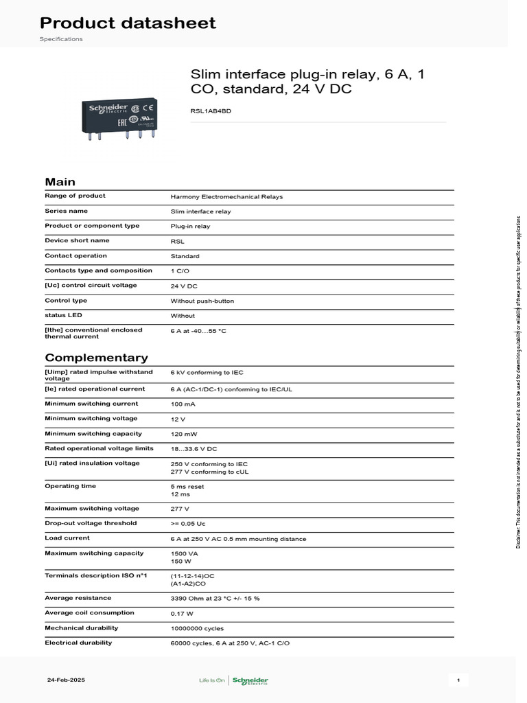 Schneider Electric - RSL1AB4BD | PDF | Relay | Voltage
