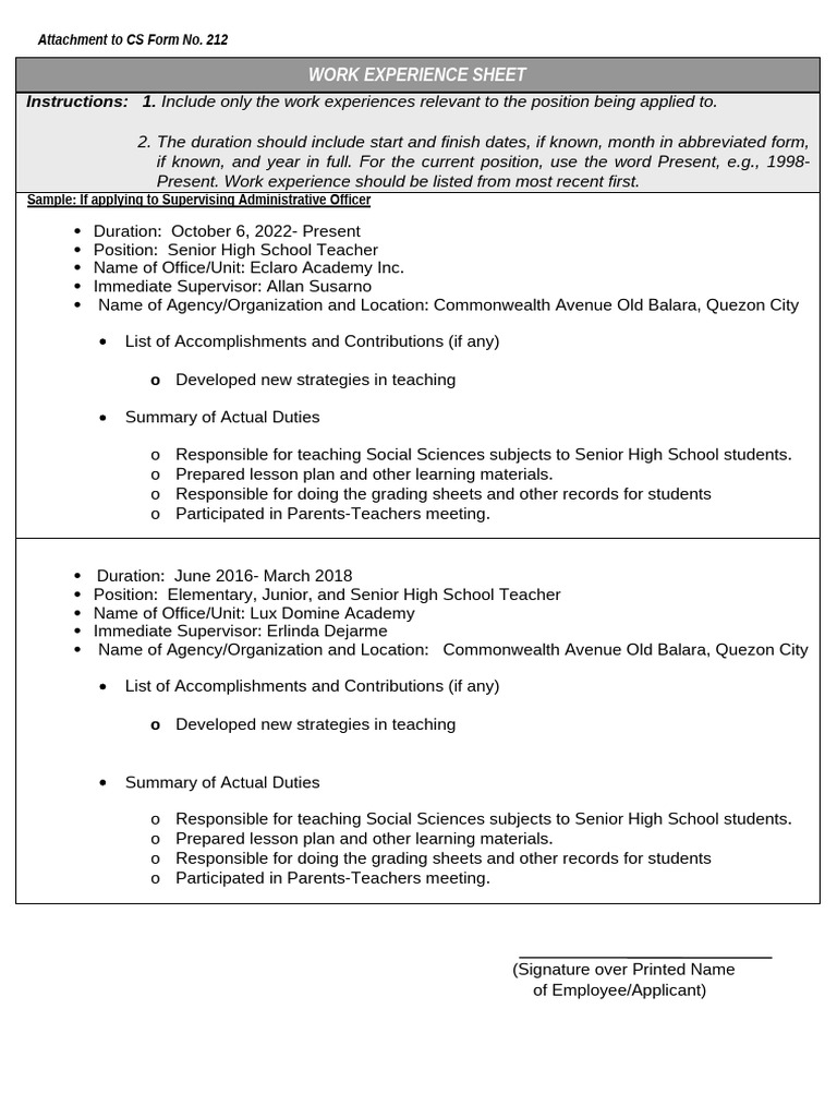 Cs Form No. 212 Attachment - Work Experience Sheet | PDF