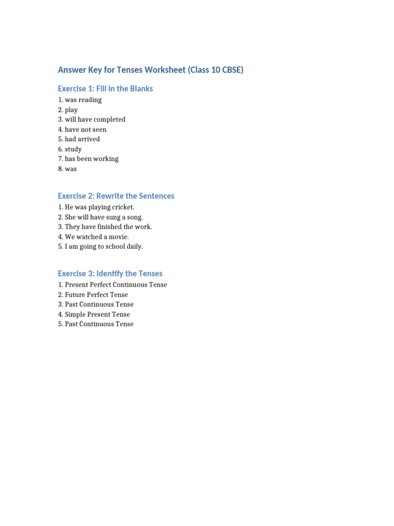 Tenses Worksheet Answers Class 10 CBSE | PDF