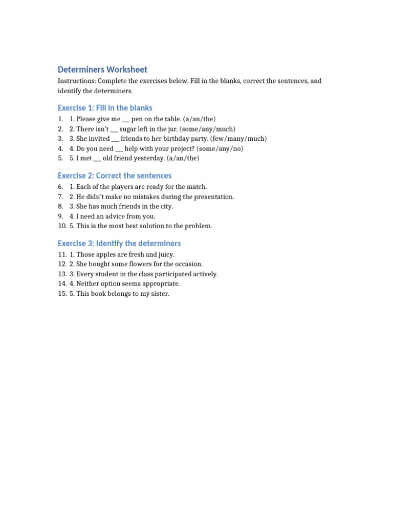 Determiners Worksheet for Students | PDF