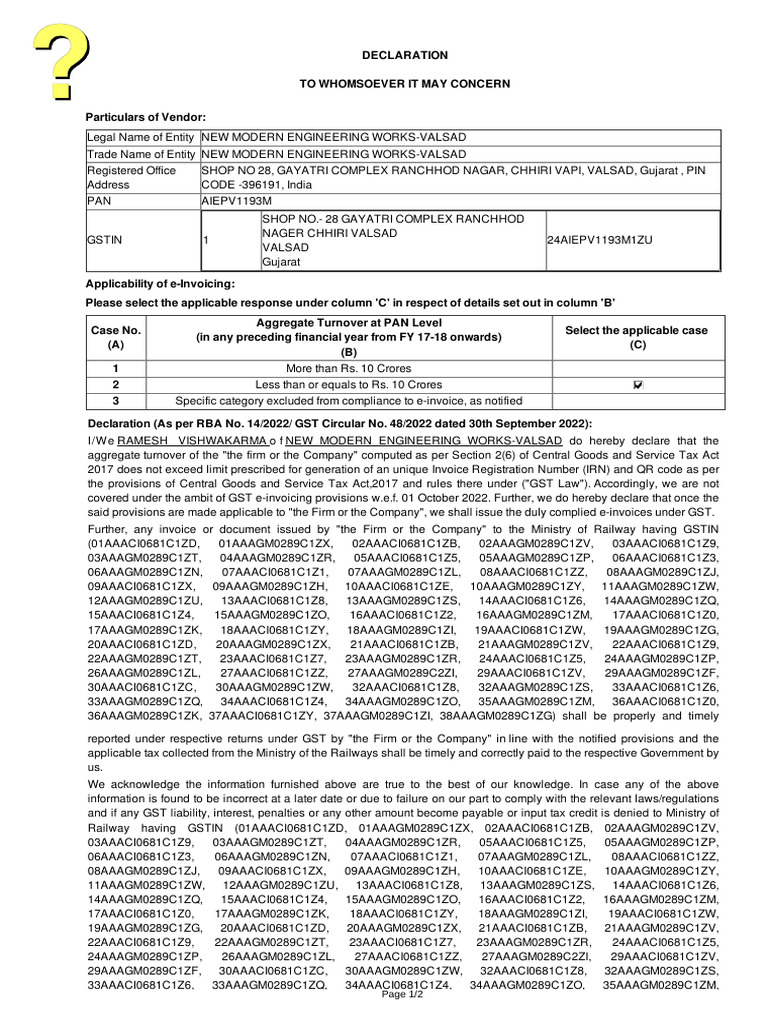 GST e-Invoicing Declaration Form | PDF | Payments | Government Finances