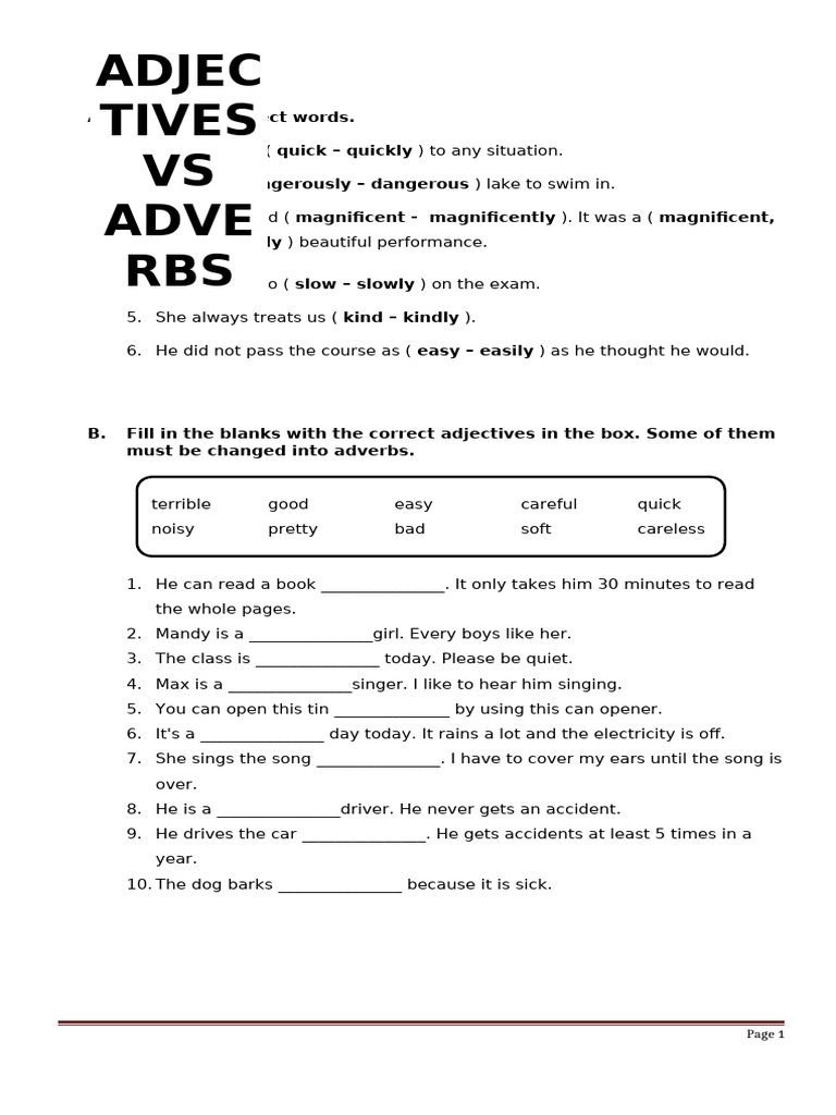 Adjectives Vs Adverbs Exercises | PDF