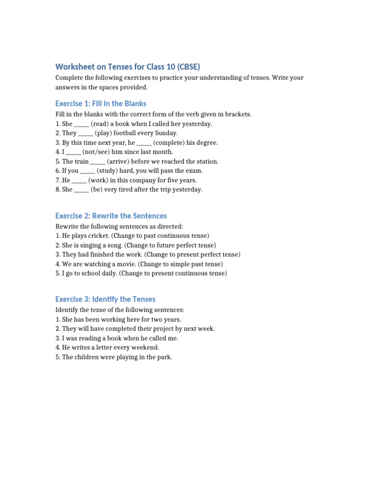 Tenses Worksheet Class 10 CBSE | PDF