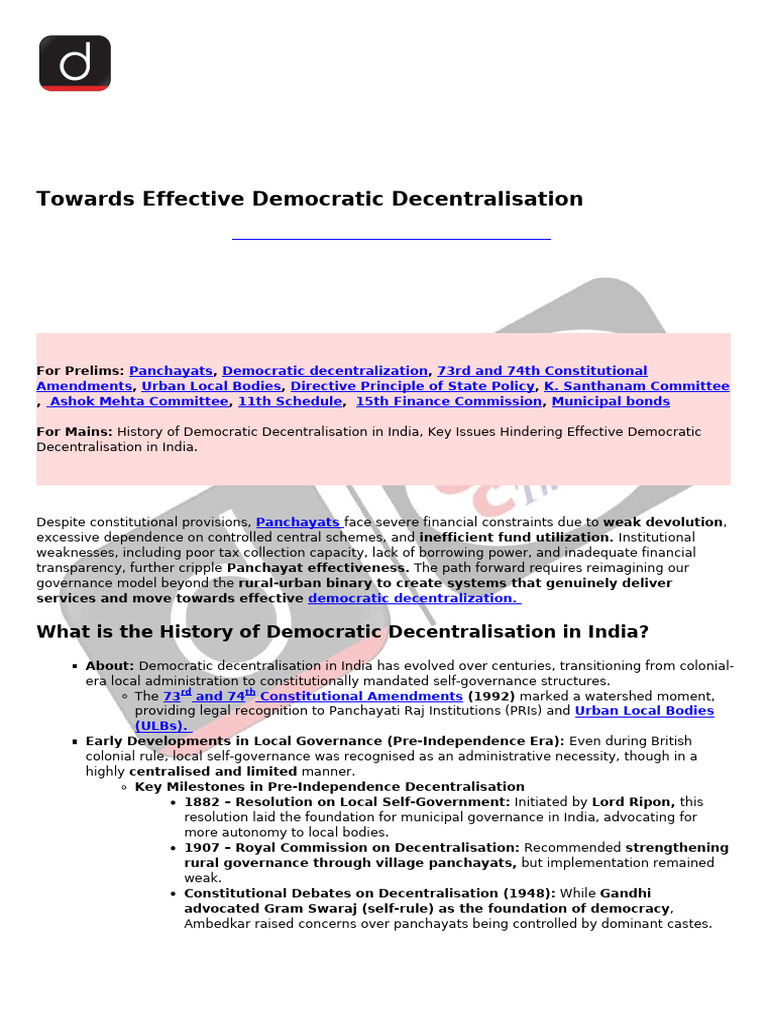 Effective Democratic Decentralisation | PDF | Political Science | Government Of India