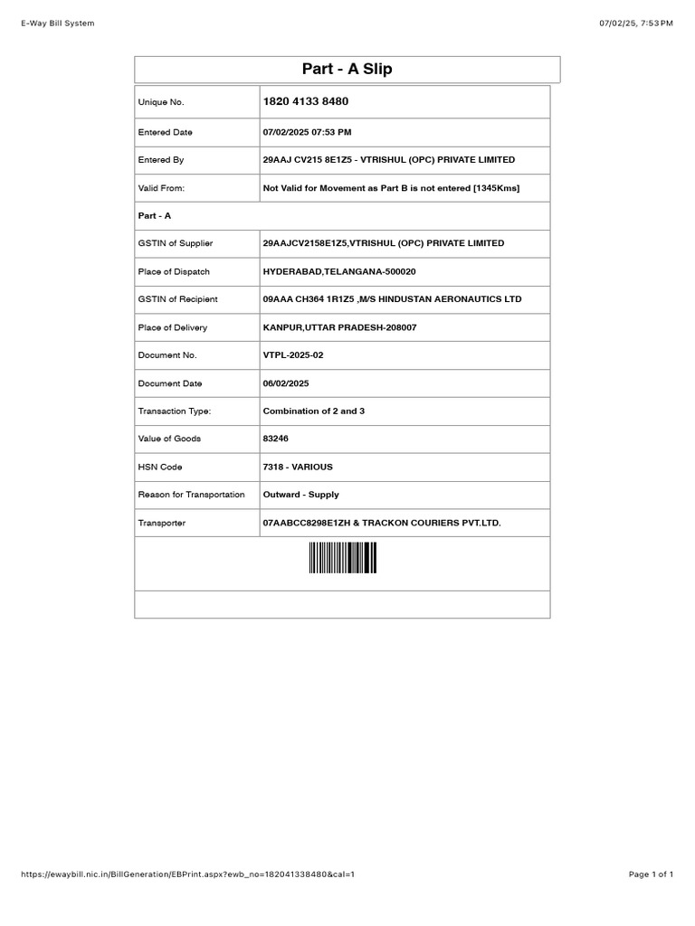 Hal KNP Feb2025 Eway Bill | PDF