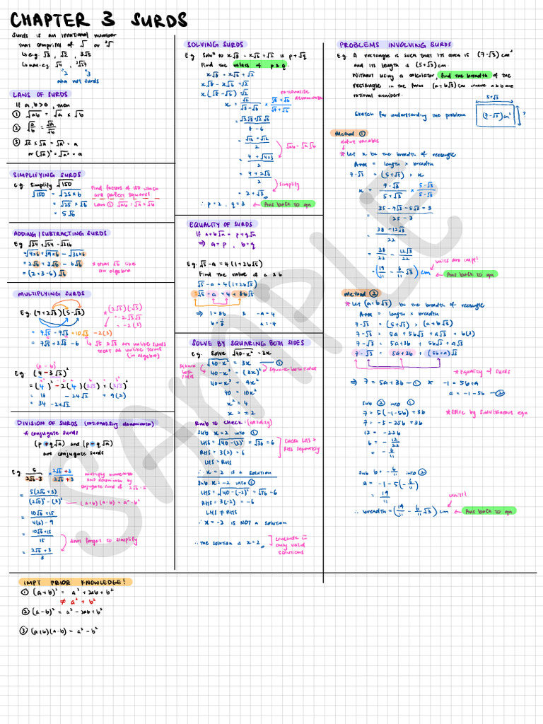 Sec 3 AMath Surds Notes (Sample) | PDF | Mathematics | Elementary ...