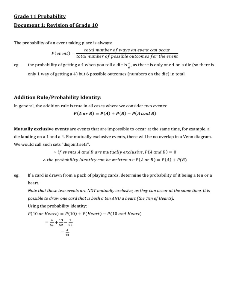 01 Revision of Grade 10 Probability (Updated) | PDF | Probability ...