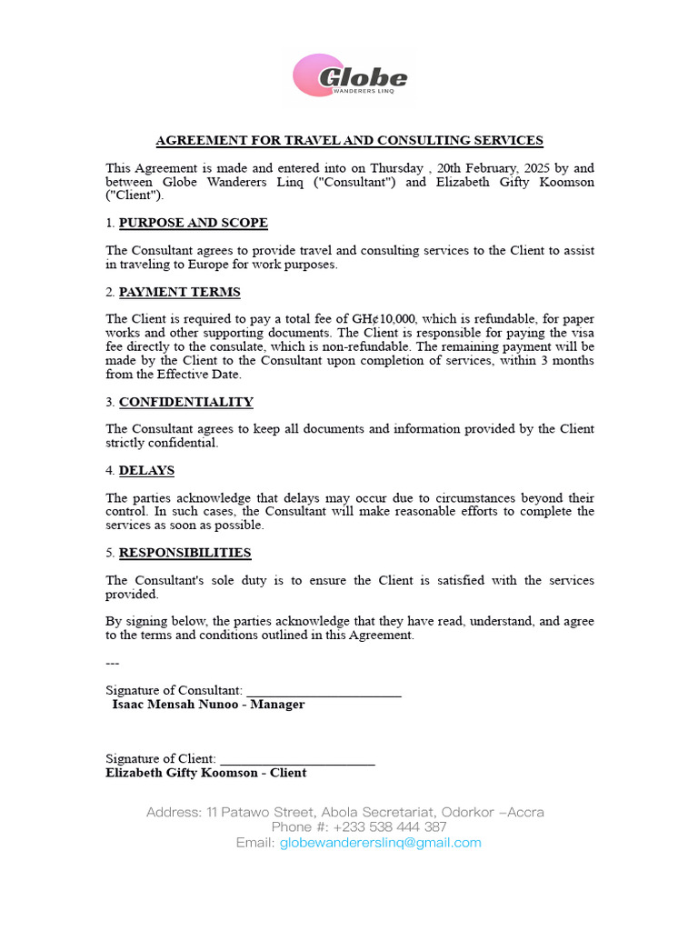 Travel Consulting Agreement for Europe | PDF
