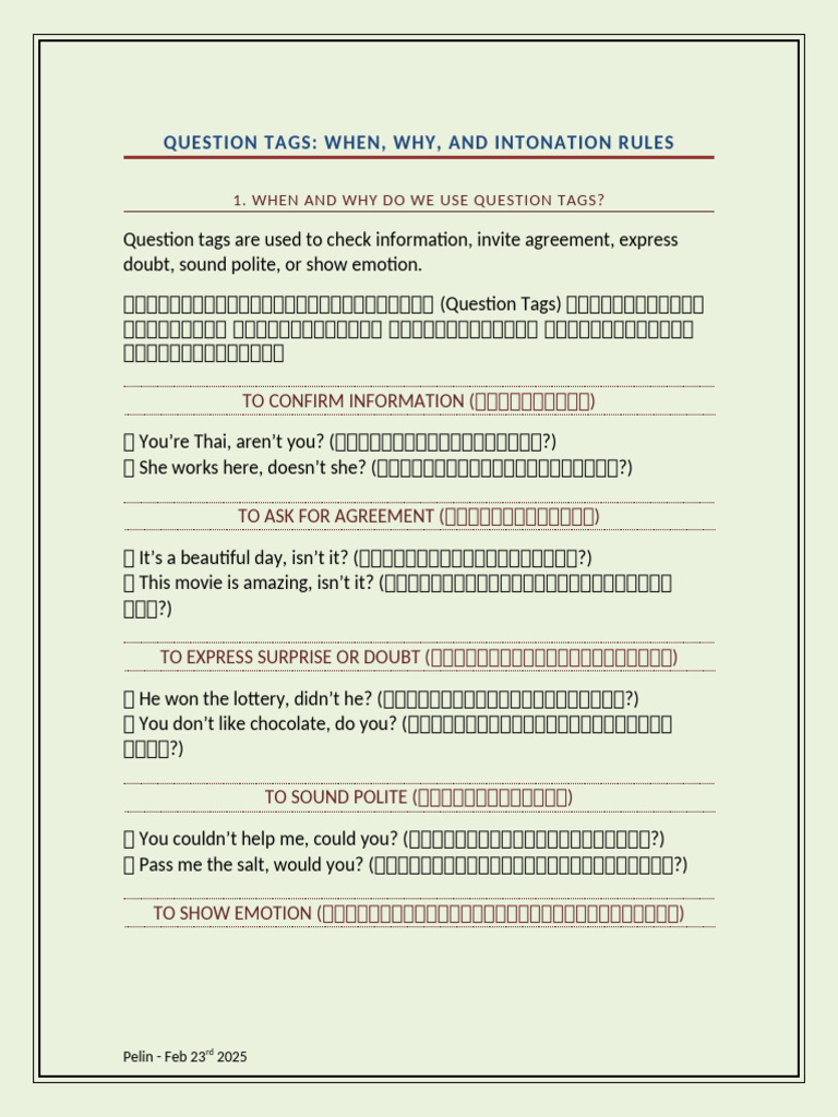 Question Tags When Why Intonation | PDF